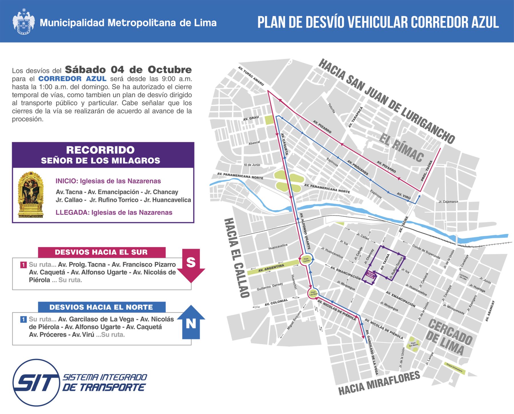 Corredor Azul desviará su ruta desde las 09.00 horas por procesión ...